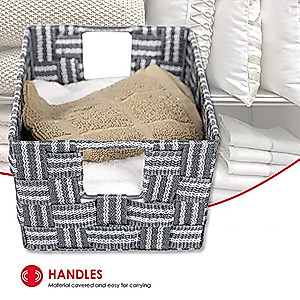 Home Basics Stripe Woven Strap Storage Bin | Various Black | Blue | Brown | Grey | Great for Storage | Metal Frame | Lightweight with Handles | Sturdy Construction (Grey, Small)