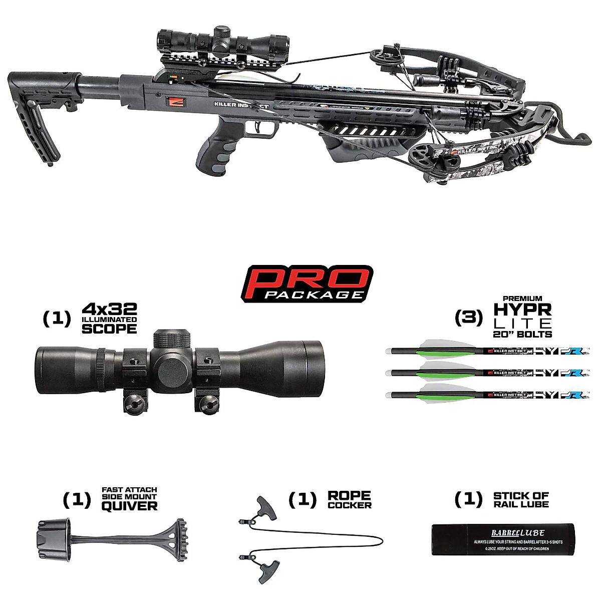 Killer Instinct Burner 415 Crossbow Package. The Burner 415 Shoots a Heart Stopping 415 FPS, Packing a Whopping 141 Foot Pounds of Kinetic Energy, All Released with a 3.5 Precision Grade Trigger.