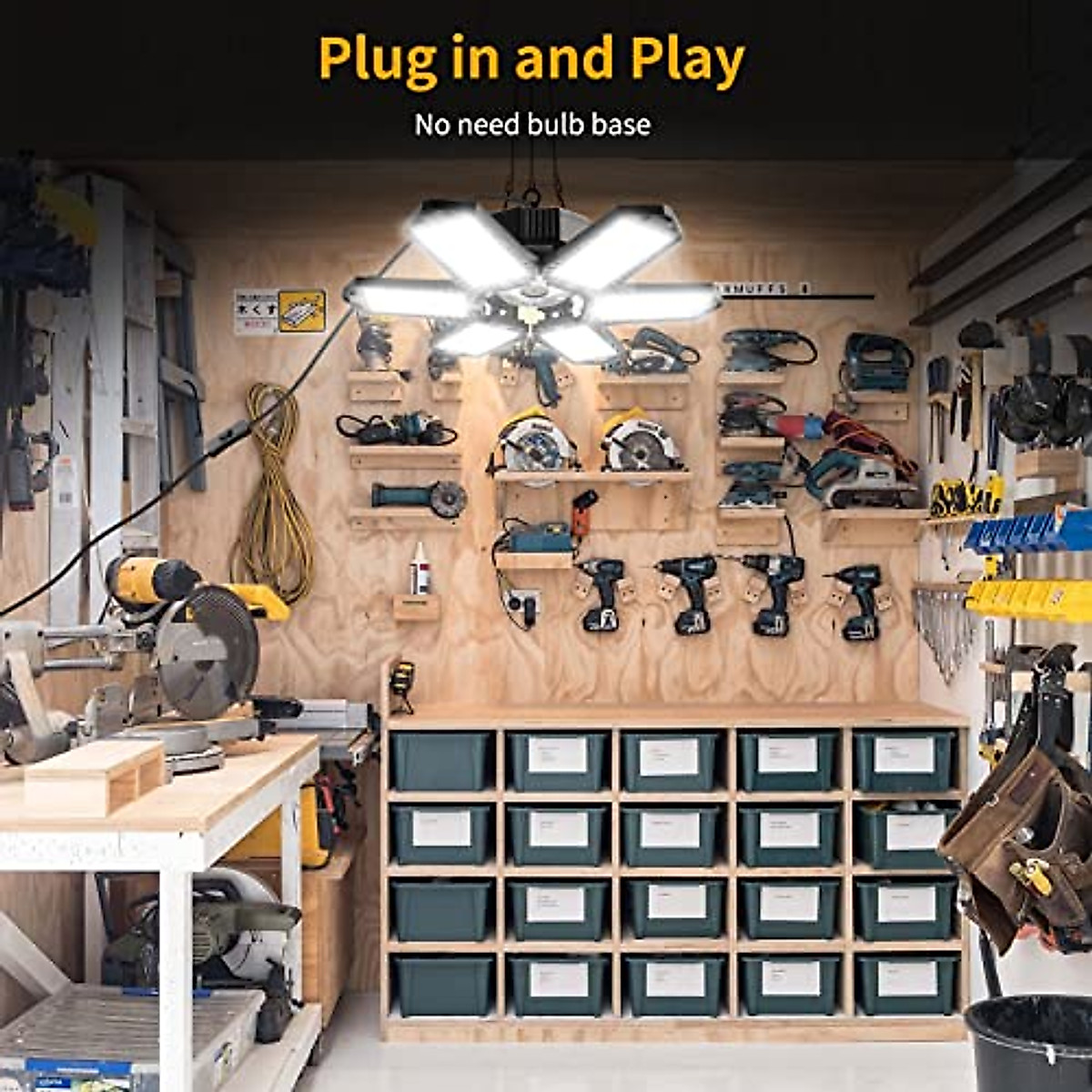 LED Garage Lights, 180W Linkable Shop Lights with Cord Plug in, 18000LM Super Bright Hanging Deformable Garage Ceiling Lighting 6500K Cold White with 6 +1 Adjustable Panel for Warehouse (180W 2PACK)