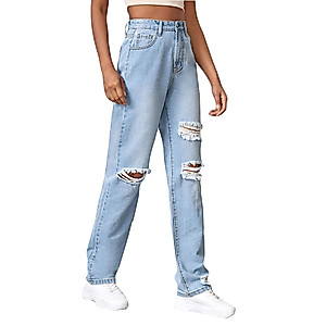 SweatyRocks Women's Ripped Straight Leg Jeans High Waist Distressed Cutout Denim Pants Light Blue S