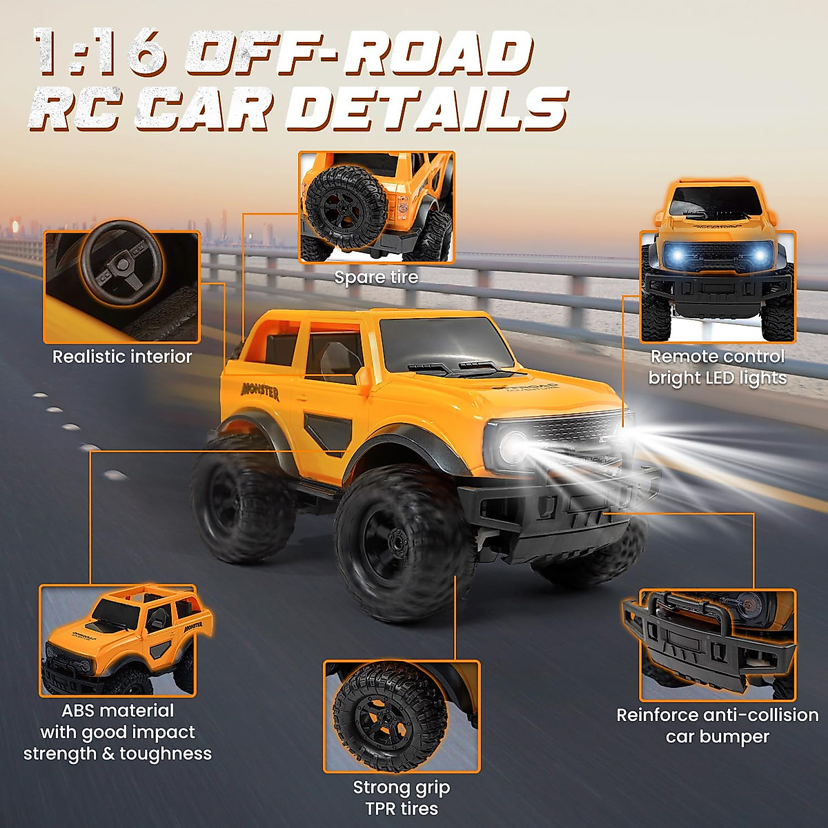 FUUY Large Remote Control Car, 1:16 Scale RTR Off-Road Vehicle with Lights & Driving Demo, 2.4GHz Radio Control Trucks 120+ Min Play for Kids, Boys & Girls, Gifts for 3-12 Year Old