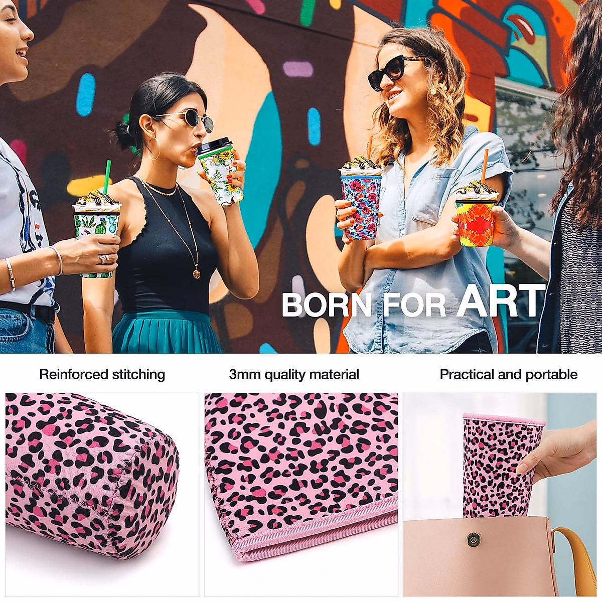 Iced Coffee Cup Sleeve for Large Sized Cups, Reusable Neoprene Iced Coffee Cup Holder for Hot Cold Drinks, Compatible with Starbucks, Dunkin Donuts, and More (Pink Leopard)