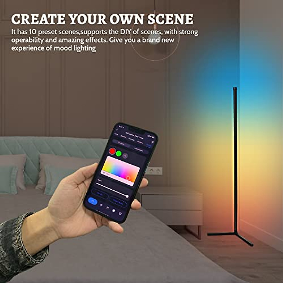 xuelili RGB Corner Floor Lamp, WiFi Dimmable LED Floor Lamp Compatible with Alexa and Google Assistant, Creative DIY/ Music Sync Flowing Light/ Timing Mood Corner Lamp for Living Room, Bedroom, Party