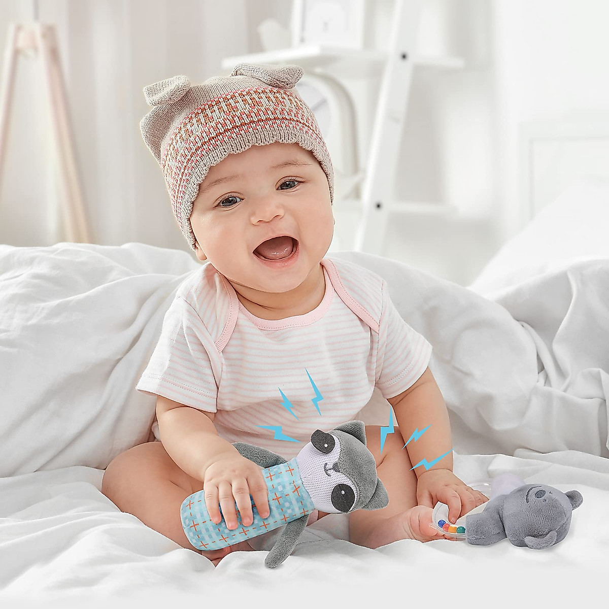 Lupantte 2 Pack Baby Rattle Toy Infant Soft Hand Grip Toys, Stuffed Animal Raccoon Handbells Sensory Development Cute Plush Rattle Stroller Toys with Sound 3 6 9 12 Months and Newborn Gifts