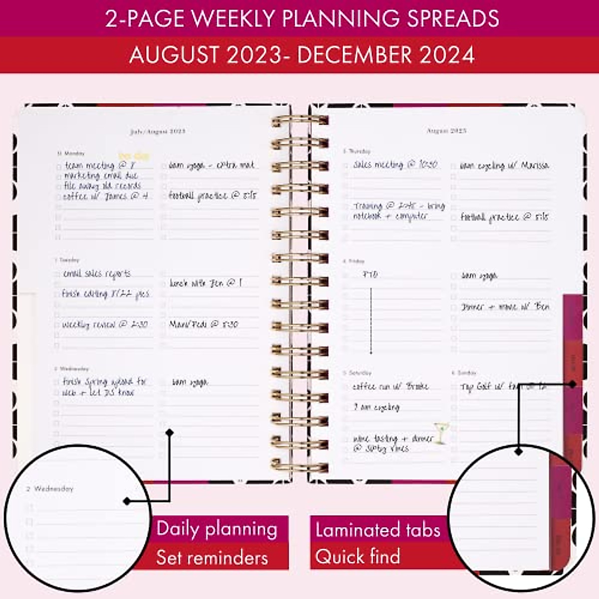 Kate Spade New York Daily Planner 2023-2024, Mega Planner August 2023 - December 2024, Hardcover Spiral Planner, Weekly Planner with Monthly Calendar, Stickers, & Pockets, Black Spade Flower