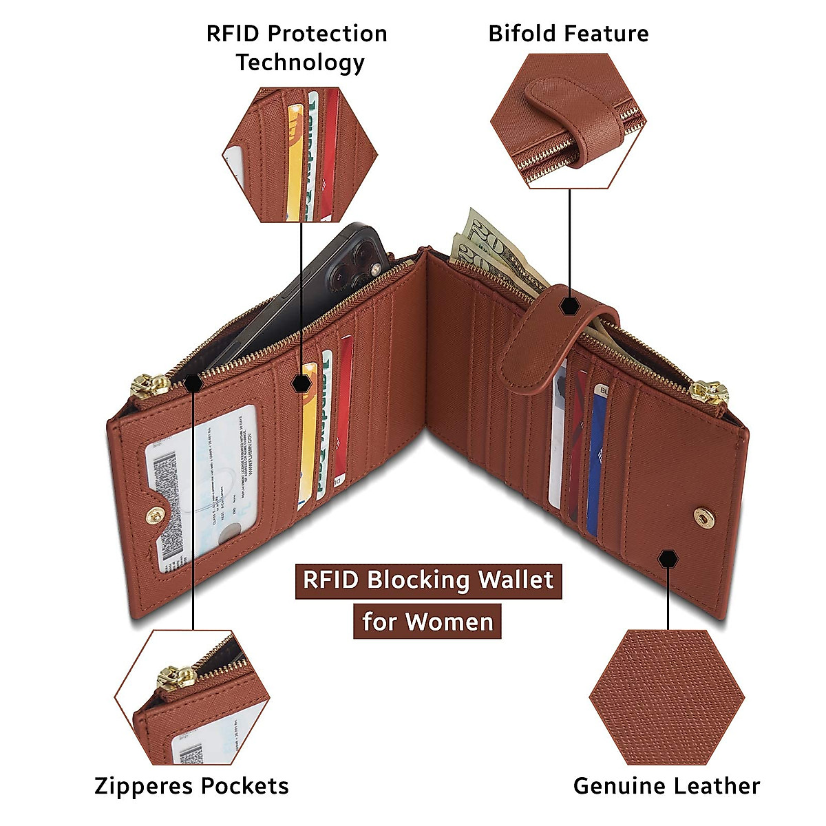 Maze Exclusive RFID Blocking Wallet for Women | Attractive Design with Genuine Leather, Zipper Pocket, Bifold Feature | Hold and Protect Your Cards Everywhere You Go (Brown)