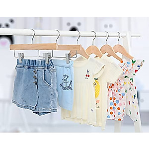 TOPIA HANGER 11.8'' Unfinished/Natural Wooden Pants Skirt Hangers for Kids Baby Toddler Children, Extra Thick Chrome Hooks & Anti-Wrinkle Premium Flat Clips 10 Pack CT09PN
