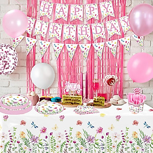225 Pack Spring Wildflower Party Decorations Floral Tableware Plates Balloons Decorations Wildflower Dinnerware Party Favor for Birthday Baby Shower Bridal Shower Garden Tea Party Serves 20