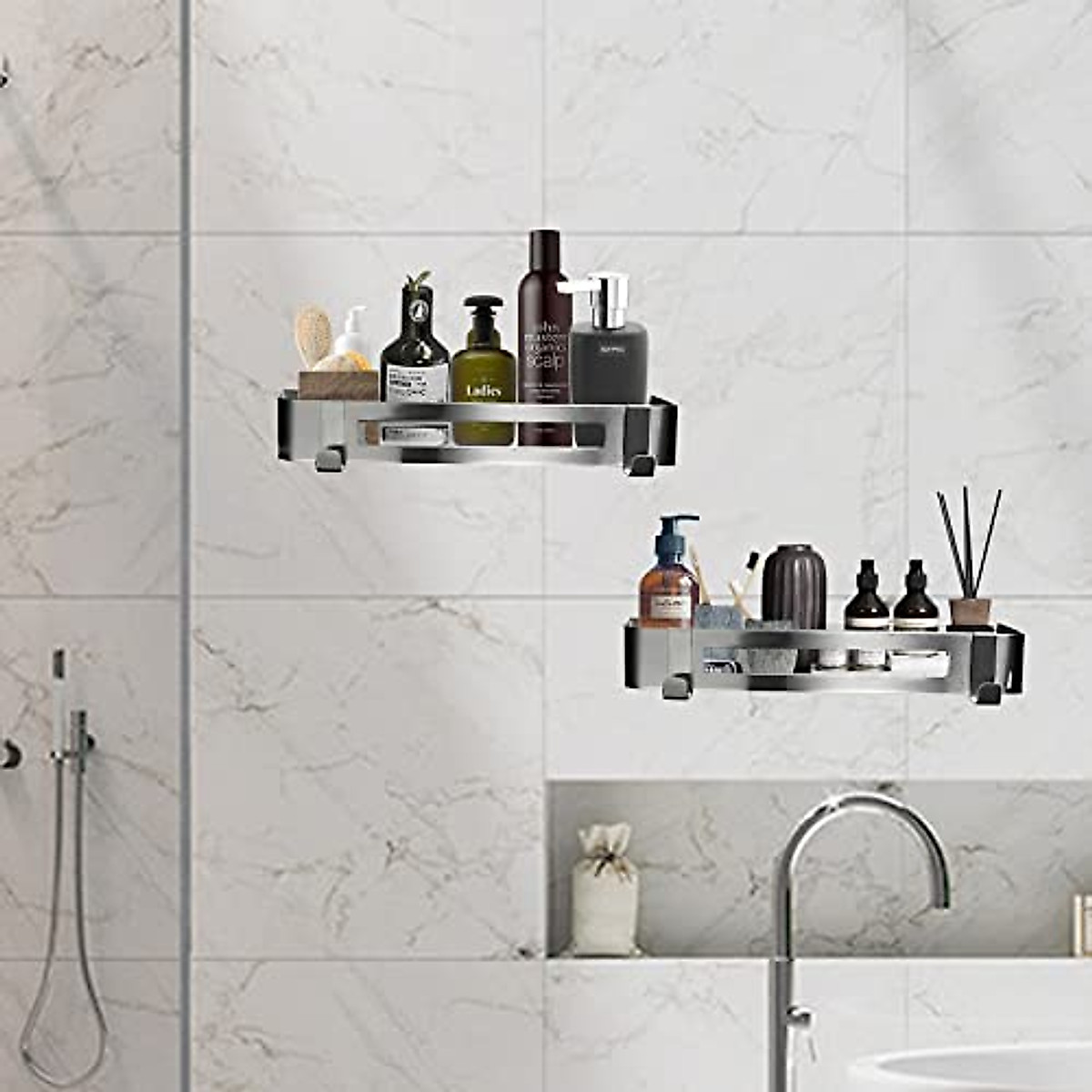 Noele Shower Caddy Organizer Shelves 2 Packs, No Drilling Adhesive Storage Basket with Removable Hooks, SUS304 Stainless Steel Rustproof Shower Rack for Bathroom Kitchen, Silver