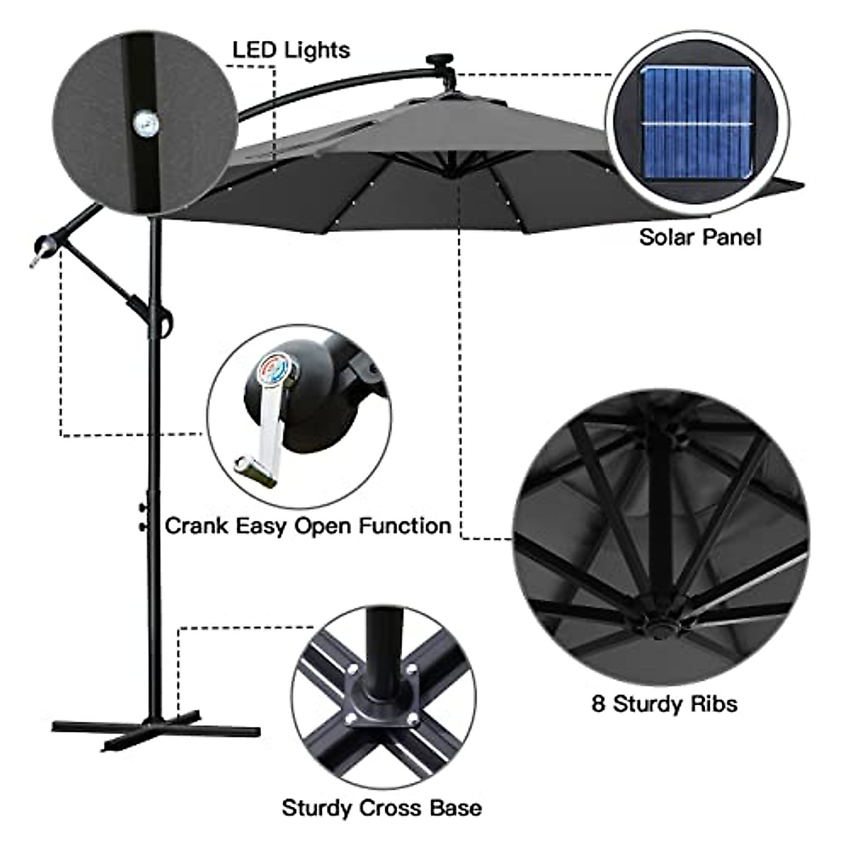 Sunnyglade 10Ft Solar LED Outdoor Adjustable Offset Cantilever Hanging Patio Umbrella with Cross Base for Backyard, Garden, Lawn and Garden
