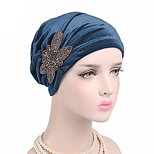 YiYi Operation Women's Stretch Velvet Turban Hat Cancer Chemo Beanie Beaded Flower Hair Wrap Cap Headwear (Gray)