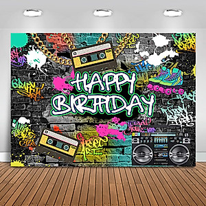Mocsicka Graffiti 80's 90's Birthday Backdrop Urban Retro Birthday Party Background 80's 90's Hip Hop Rock Birthday Party Cake Table Decoration Banner Photo Booth Props (10x7ft)