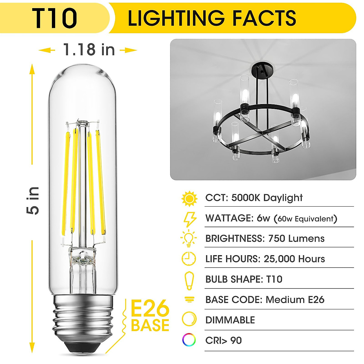 Gozelux E26 LED Bulb 6W Equal 60 Watt Light Bulbs Daylight 5000K E26 Edison Bulb AC120V 750lm Dimmable 5 Inch Long Tubular T10 LED Bulb for Rustic Pendant, Chandeliers, Wall Sconces, Pack of 6