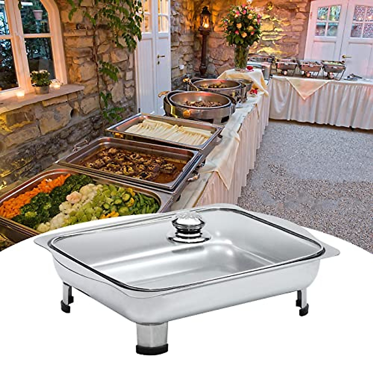 Gralara Buffet Dish Tray, Chafing Dish with Lid, Food Plate, Easy to Clean, Clear Cover Serving Tray Stainless Steel Chafer for Holidays Picnic Wedding, arc