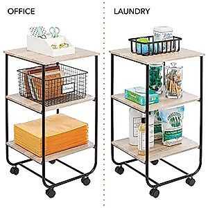 mDesign Metal Wood 3-Tier Rolling Household Storage Cart to use in Bathrooms, Kitchen, Craft Rooms, Laundry Rooms, and Kid's Rooms - Portable, Includes 4 Caster Wheels - Natural/Black