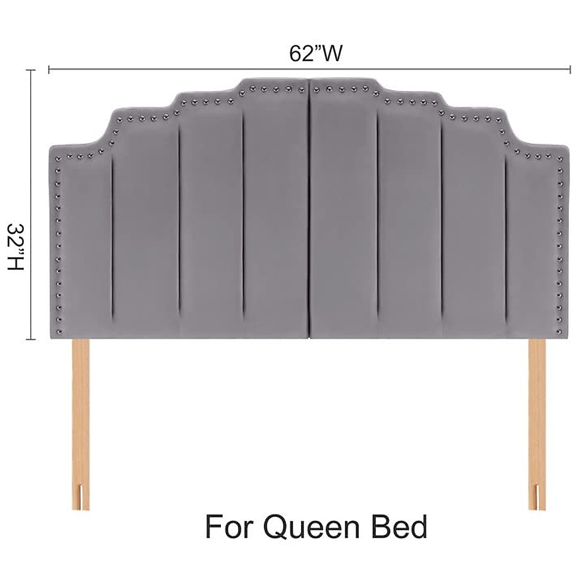Kingfun Mid Century Headboard for Queen Size Bed, Velvet Upholstered Tufted Bed Headboard with Nailhead Decor, Adjustable Curved Solid Wood Head Board Vertical Channel Design (Medium Grey)