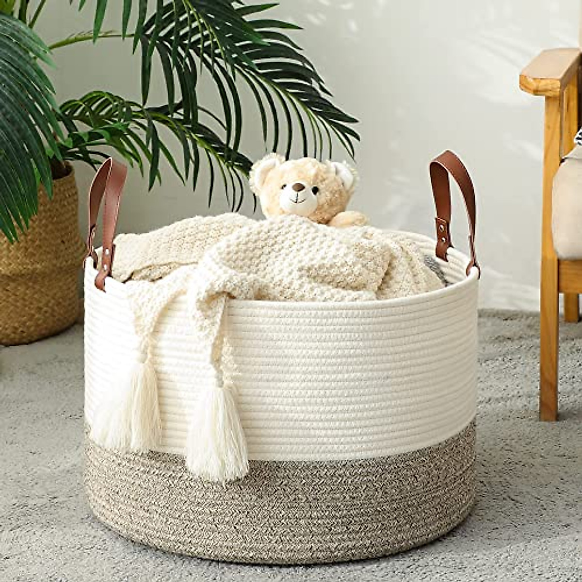 KAKAMAY Large Cotton Rope Blanket Basket (20"x13"),Woven Baby Laundry Hamper，Blanket Basket for Nursery, Laundry, Living Room, Pillows, Toys with Handles （White）