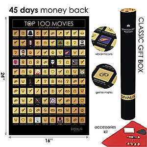 Top 100 Movies Scratch Off Poster - Films of all Time Bucket List - 24x16" Easy to Frame Scratchable Cinema Checklist Poster - Must See Movie Challenge - 100 Essential Movies Scratch off Calendar with Scratcher Included - Greatest Movies for Family to Wat
