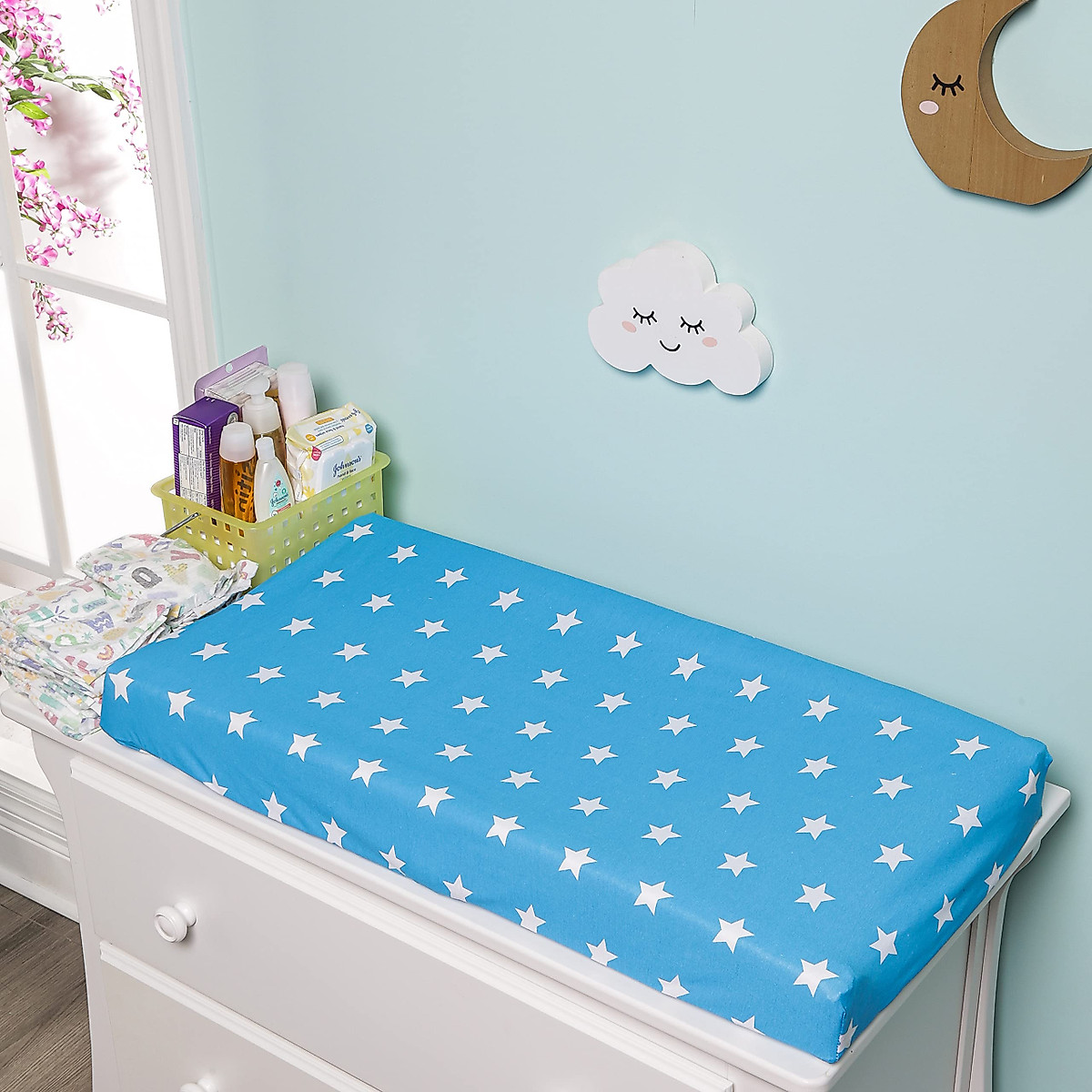 EVERYDAY KIDS 2 Pack Baby Changing Pad Covers for Baby Boy – Fits Most Changing Table Pads; 100% Cotton Jersey Knit, Breathable, Soft Changing Table Topper - Blue, White Stars + Blue, Gray Clouds