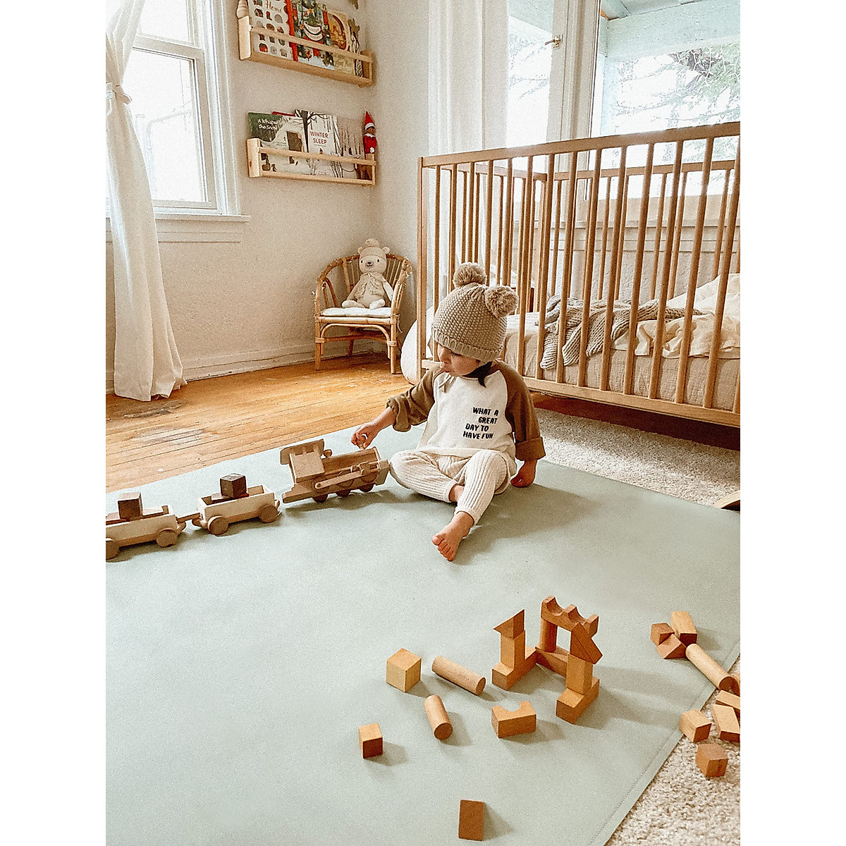 Uniklook Vegan Leather Mat Multipurpose Playmat Kids Infant Picnic Blanket - Waterproof Baby Splat mat for High Chair Sand Proof Beach Blanket Indoor Outdoor (Sage+Dawn Blue)