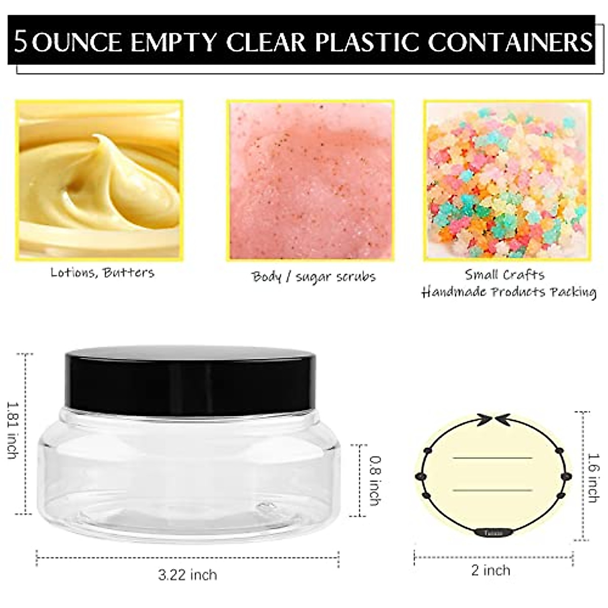 TUZAZO 5 Oz Plastic Container Tuscany Jars with Lids BPA Free, 12 Pack Empty Round Clear Cosmetic Containers Body Butter Jars for Lotion, Cream, Gel, Sugar Scrub