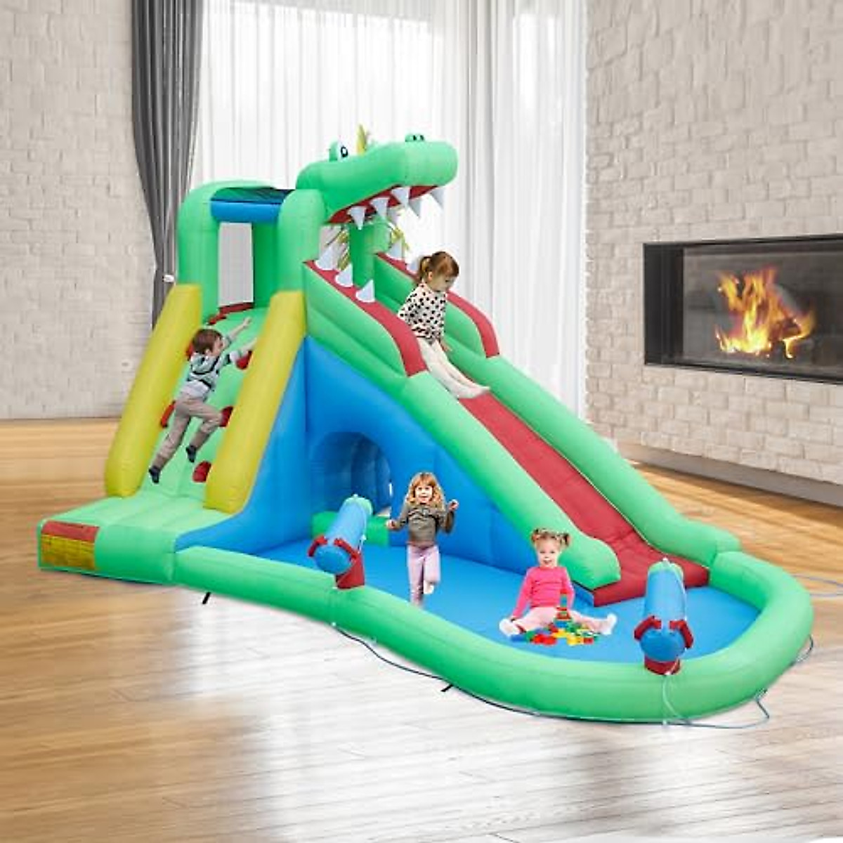 Inflatable Water Slides for Kids - Kinsuite Inflatable Bounce House Water Slide w/Jumping Area Climbing Wall Water Cannon Splash Pool Tunnel Indoor Outdoor Play (with 680W Air Blower)