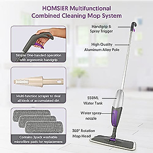 Spray Mop for Floor Cleaning - HOMSIER Microfiber Floor Mops Wet Dry Flat Mop with 550ML Refillable Bottle 3 Washable Pads Replacement, Dust Mop for Wooden Laminate Tile Marble Kitchen Hard Floors