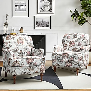 HULALA HOME Modern Accent Chair with Retro Wood Legs, Comfy Upholstered Armchair with Removable Cushion, Floral Design Single Sofa Chair for Living Room Bedroom Office, Pink