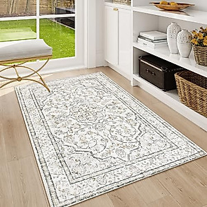 Lahome Oriental Washable Rug,3x5 Rug for Entryway Indoor Non-Slip,Ultra-Thin Soft Boho Area Rug for Bedroom,Traditional Vintage Low-Pile Entry Throw Rugs Mats for Bathroom Kitchen,(3x5ft,Beige)