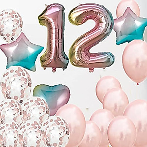 Sweet 12th Birthday Decorations Party Supplies,Rainbow Number 12 Balloons,12th Foil Mylar Balloons Rose Gold Latex Balloon Decoration,Great 12th Birthday Gifts for Girls,Women,Men,Photo Props