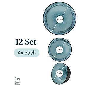 12 Piece Dinnerware Sets for 4 - Modern Style Stoneware Dinnerware Set - Scratch Resistant, Dishwasher Safe Plates and Bowls Sets Ceramic, Dish Set, Bowl and Plate Set - Black and Petrol Blue…