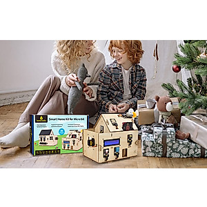 KEYESTUDIO Microbit Smart Home Starter Kit with Micro:bit V2, MakeCode Blocks & Python Code|Wireless Remote Control APP| Solar & Micro USB Charging|RGB,i2c LCD for Kids Coding