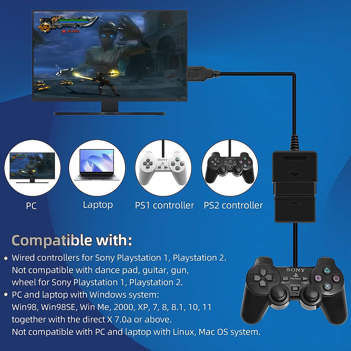 OSTENT USB Adapter Converter Cable Cord for Sony PlayStation 1/2 PS One PSX Wired Controller Gamepad Joystick to PC Laptop