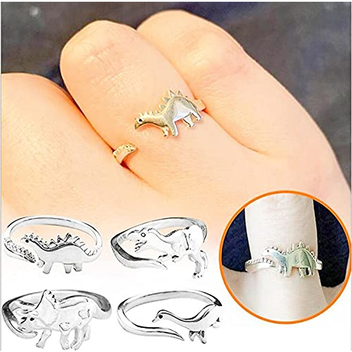 Vangelady 4 Pcs Dinosaur Rings Sets Jurassic Era Dinosaur Statement Ring Adjustable Knuckle Band Jewelry for Women Men Girls, Silver C