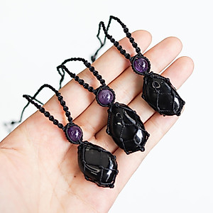 CrystalsMacrame Black Obsidian and Amethyst crystal necklace for protection and healing, handmade necklace with 2 stones pendant jewelry for women men teen girls boys