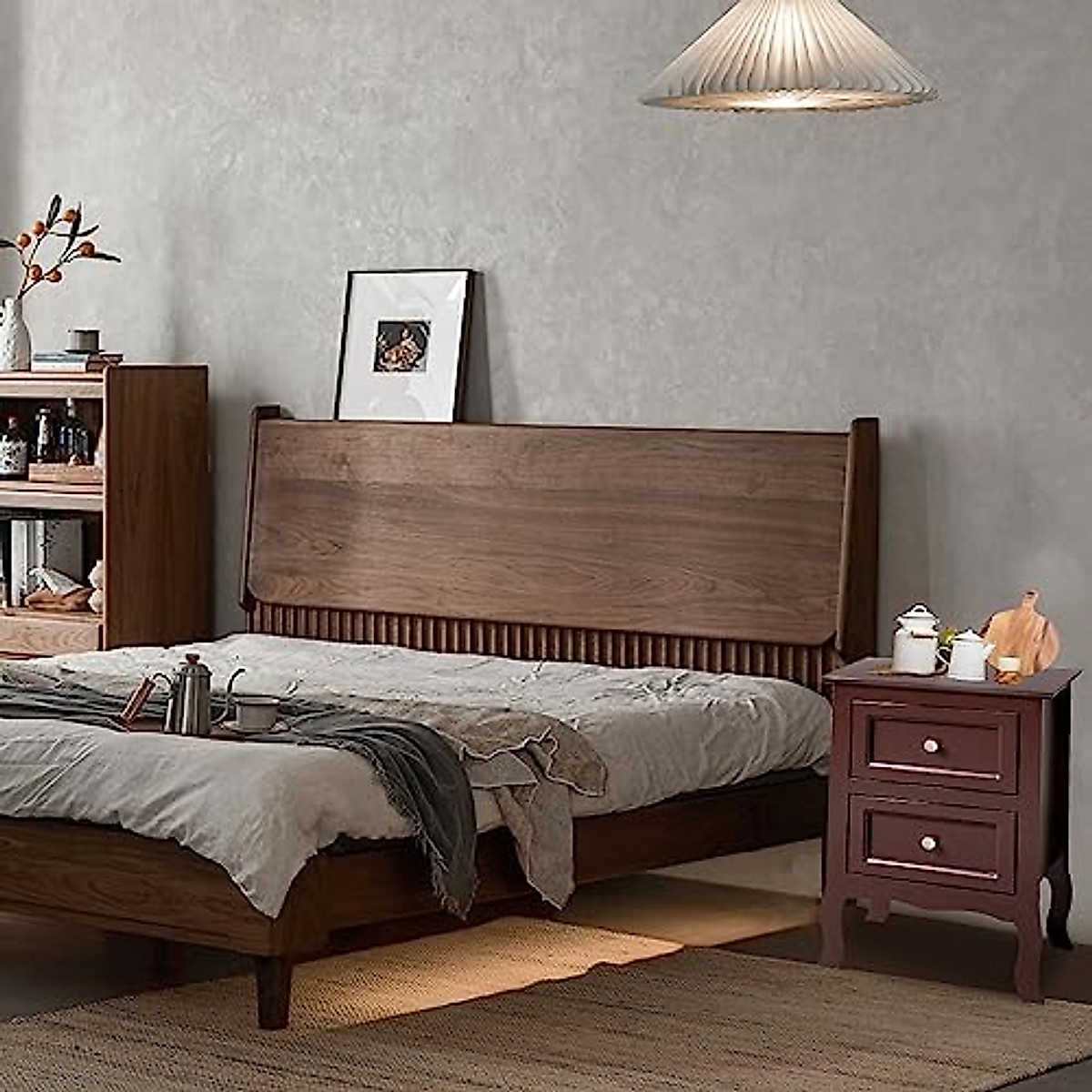 Royard Oaktree Upgraded Set of 2 Wooden Side Table with 2 Drawers Farmhouse Bedside Table with Storage for Bedroom Living Room,Brown