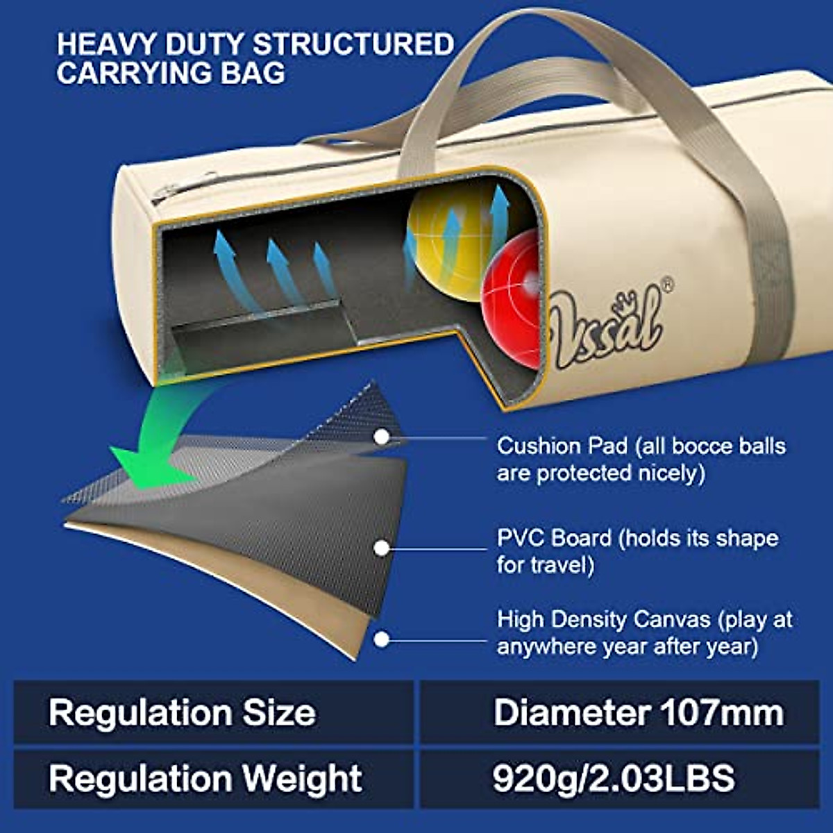 VSSAL 107mm Official Bocce Ball Set Regulation Size and Weight 920g/2.03LBS for Professional Tournament Competition, Backyard, Lawn, Beach Games with 8 Balls, Pallino, Carrying Bag, Measuring Rope