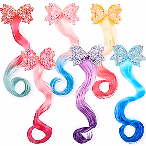 WILLBOND 6 Colors Glitter Unicorn Hair Clips with Braided Curly Wig Extensions for Hair Braiding, Princess Costume Dress up