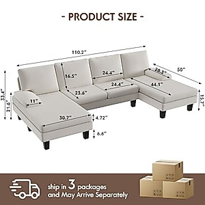 Shahoo Sectional Couch Living Room Sets Chenille Fabric U-Shaped Sofa with Double Chaises, White