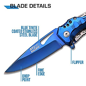 MTech USA – Spring Assisted Folding Knife – Blue TiNite Coated Fine Edge Stainless Steel Blade, Blue Aluminum Handle, Pocket Clip, Tactical, EDC, Self Defense- MT-A705SBL,Blue/Silver