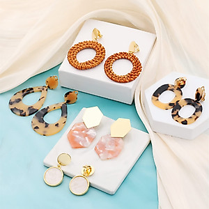 Honsny 12 Pairs Clip on Earrings for Women Fashion Rattan Tassel Earrings Set Bohemian Acrylic Gold Statement Non Piercing Drop Dangle Exaggerated Earrings for Women