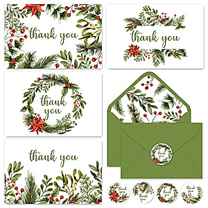 Whaline 32 Packs Christmas Thank You Greeting Cards Watercolor Holly Berry Blank Note Cards with Envelopes and Stickers for Xmas Winter Wedding, 4 x 6 Inch