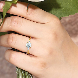 Gem Stone King 10K Yellow Gold Sky Blue Aquamarine and White Created Sapphire Solitaire Engagement Ring For Women (0.78 Cttw, Round 6MM, Gemstone March Birthstone, Size 5)