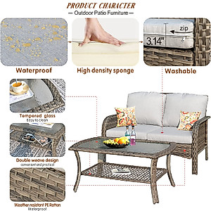 XIZZI 4 Pieces Outdoor Wicker Patio Furniture Set, All Weather Rattan High Back Loveseat with Cushions, Coffee Table and Armchairs, Modern Garden or Backyard Lounge Set (Grey Rattan-Grey Cushion)