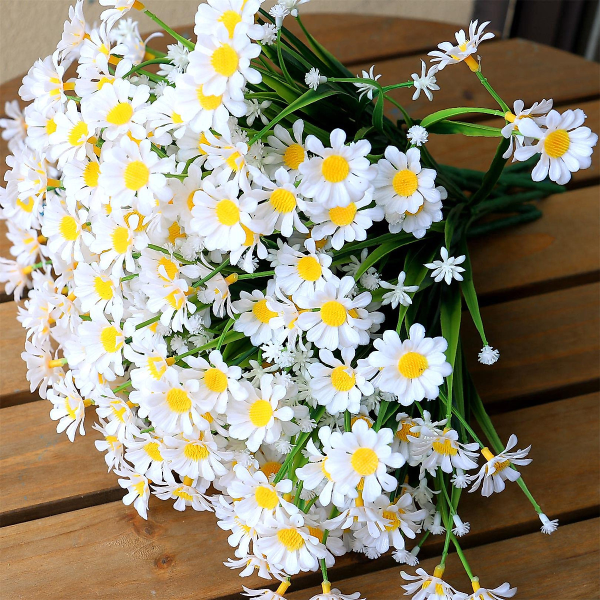 Gormiya 8 Bundles Artificial Daisy Mums Flowers Outdoor UV Resistant Plastic Fake Daisy Sunflowers Plants for Home Backyard Window Box Porch Garden Decoration, White