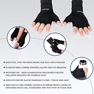 HENOTIC 2 Pairs Copper Arthritis Gloves for Women Men, Fingerless Breathable & Moisture Wicking Arthritis Compression Gloves for Relieving Carpal Tunnel Aches, Rheumatoid Pains, Joint Swell
