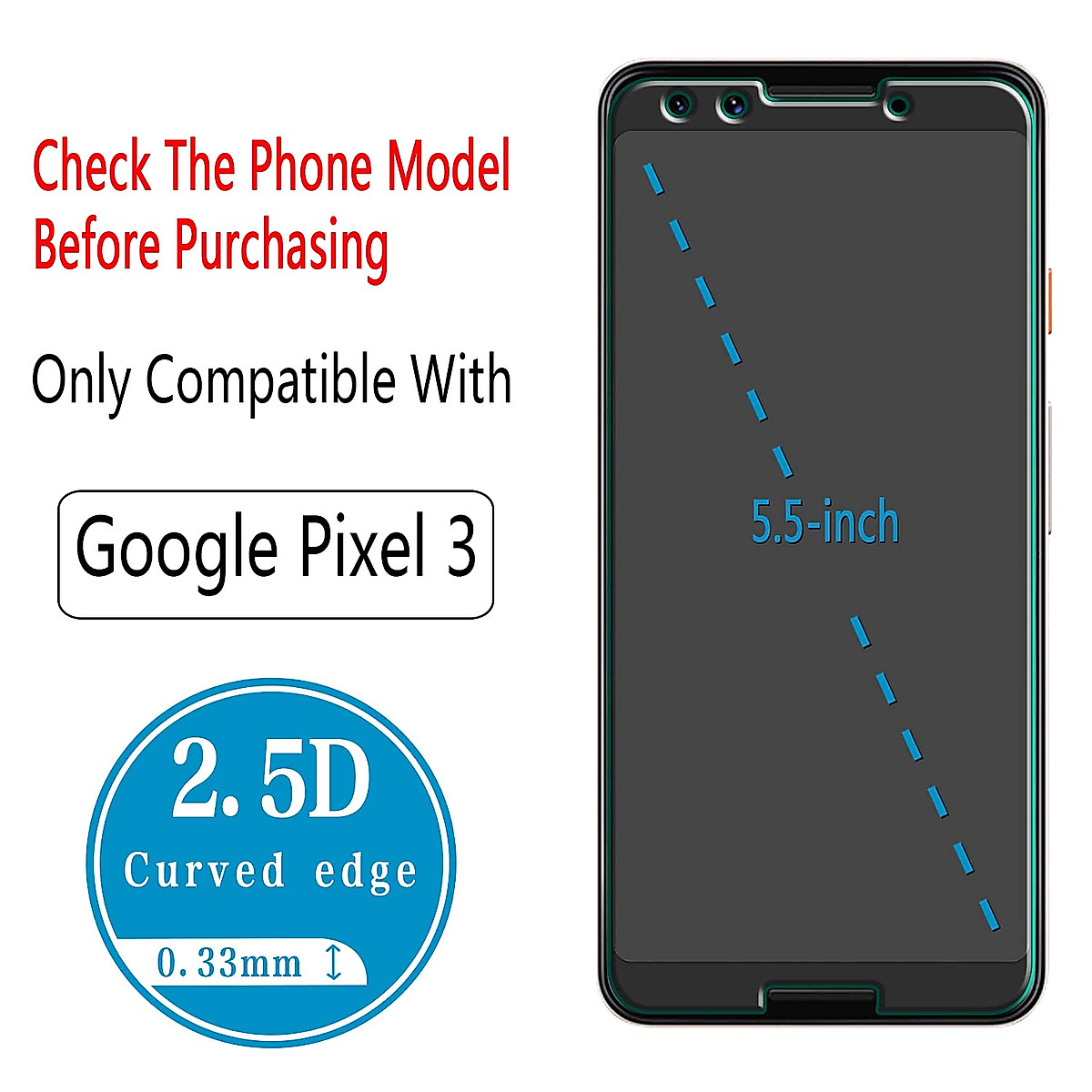 HPTech (2 Pack) Designed for Google (Pixel 3) Tempered Glass Screen Protector, Anti Scratch, Bubble Free