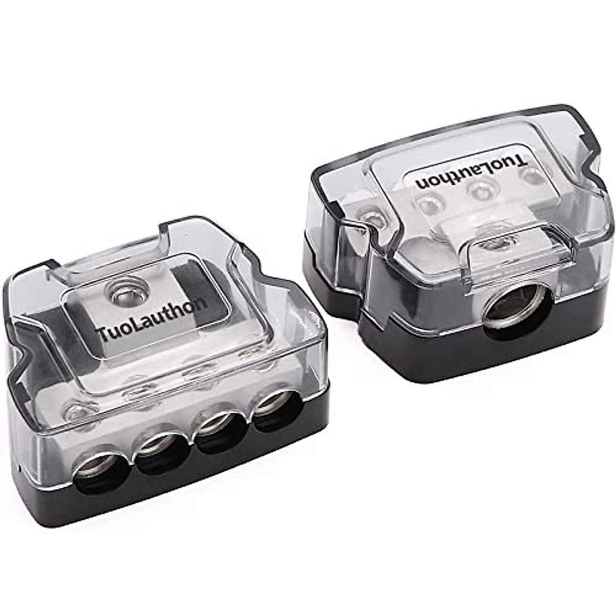 TuoLauthon 2PCS 4 Way Power Distribution Block 1x 0/2/4 Gauge in / 4x 4/8/10 Gauge Out Nickel Plated Car Audio Splitter Amp Distribution Connecting Block