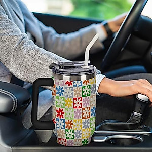KPLBNAS Colorful Bold Aesthetic Checkered Flower Pattern 40 Oz Tumbler with Handle And Straw Lid, Insulated Reusable Stainless Steel Travel Mug Travel Mug for Hot And Cold Stainless Steel Vacuum Mug
