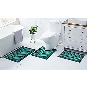 Clara Clark Bathroom Rugs, Shaggy Plush Bath Mat Set, Ultra Soft Bathroom Mat, Non Slip Backing Rubber, Chevron Design Bath Rug Set, 3 Piece, Green